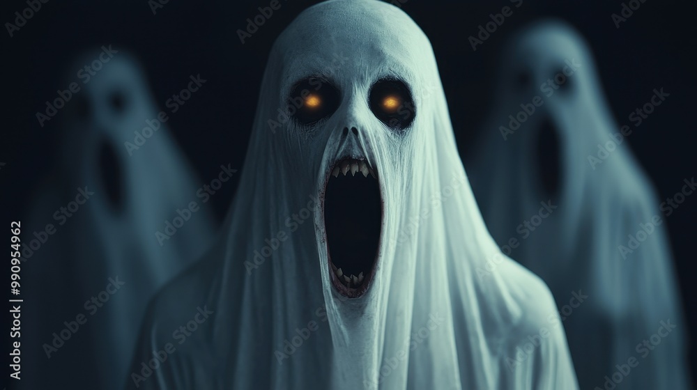 Terrifying ghost with wide, gaping mouth, glowing eyes, close-up ...