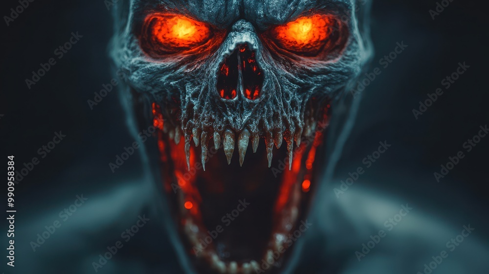 Terrifying ghost with wide, gaping mouth, glowing eyes, close-up ...