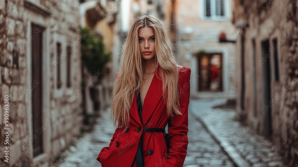 A glamour Croatian model in a high-fashion outfit, posing on a ...