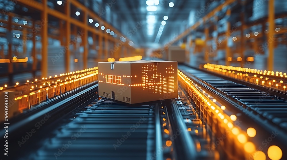 Show a futuristic warehouse where robots, conveyors, and IoT devices ...