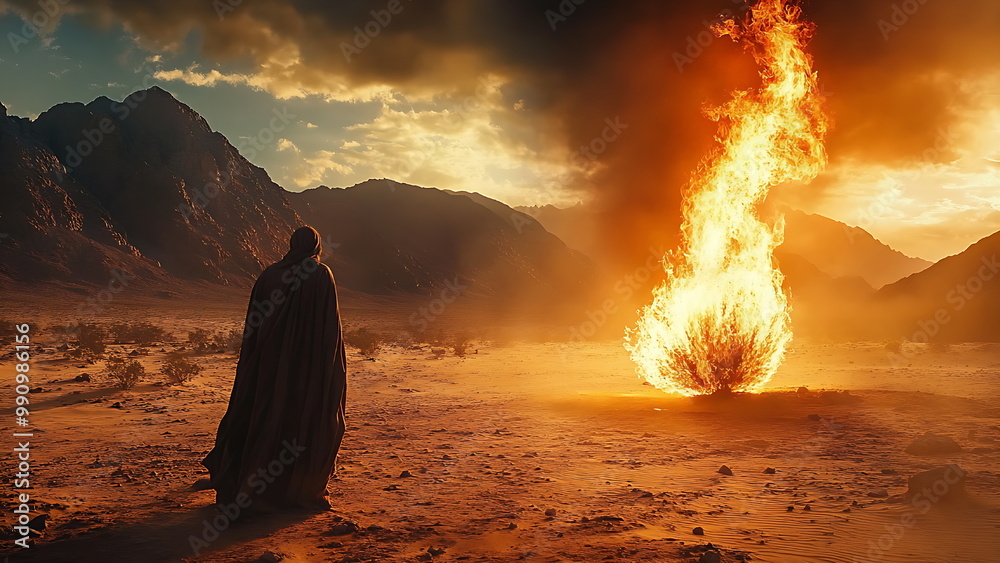 the scene when Moses encounters the miracle of the small tree burning ...