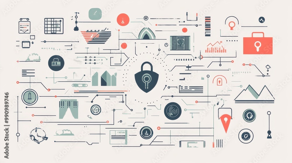 Digital security concepts with padlock symbol and various data protection elements in a modern ...