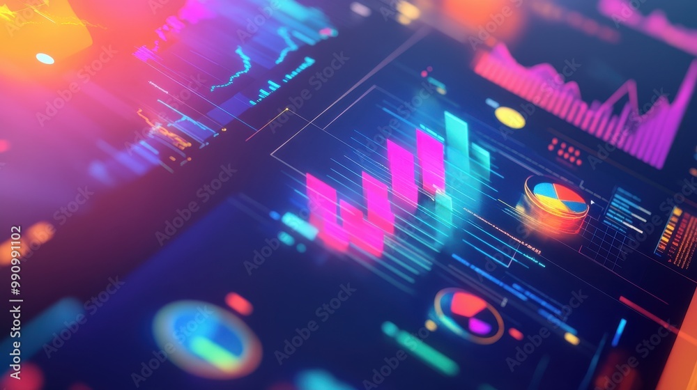 Colorful digital analytics dashboard displaying various data ...