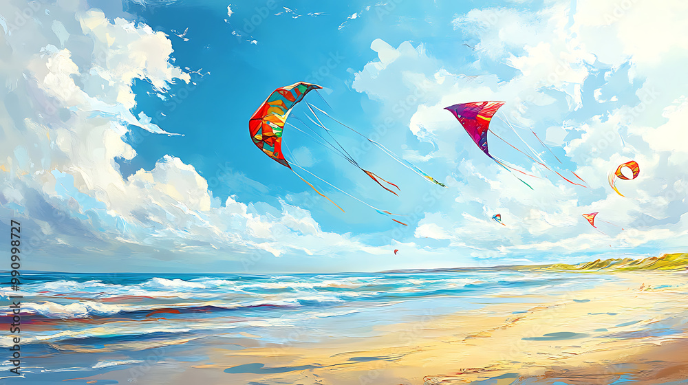 background with a kite flying at the beach, featuring colourful kites ...