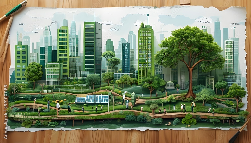 Visionary sketch of a sustainable green city with eco-friendly ...