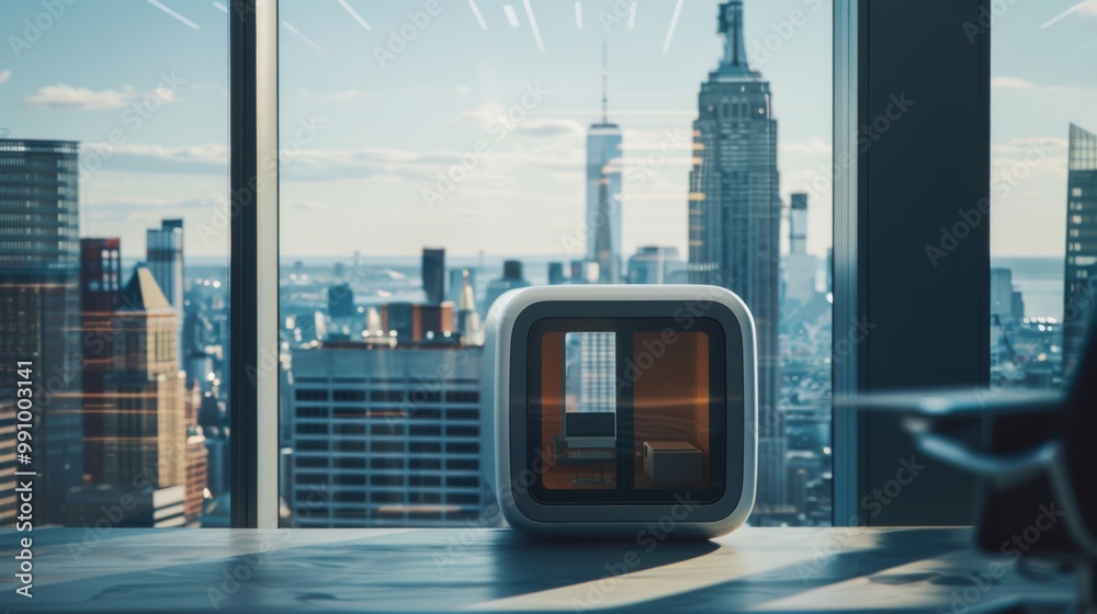 Compact, modern office pod with view of city skyline through large ...