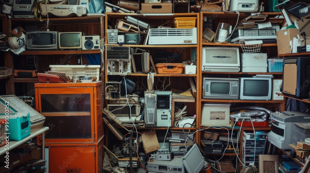 A cluttered room filled with shelves of vintage electronics and old ...