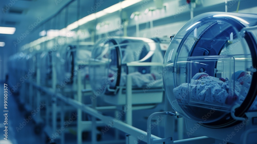 Rows of futuristic neonatal incubators in a high-tech medical facility ...