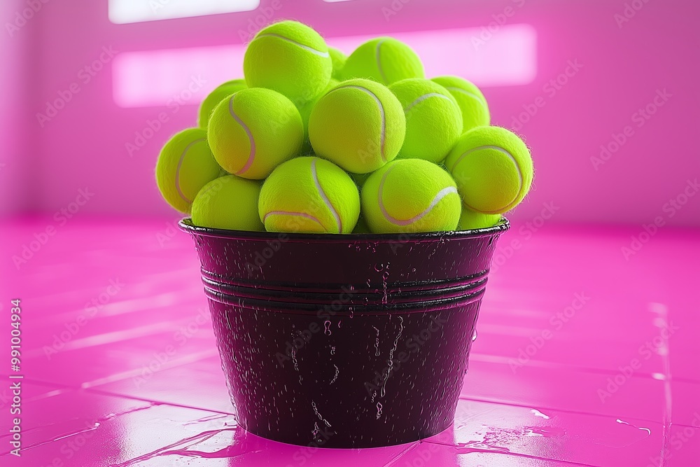 Black bucket filled with tennis balls. balls are green and are ...