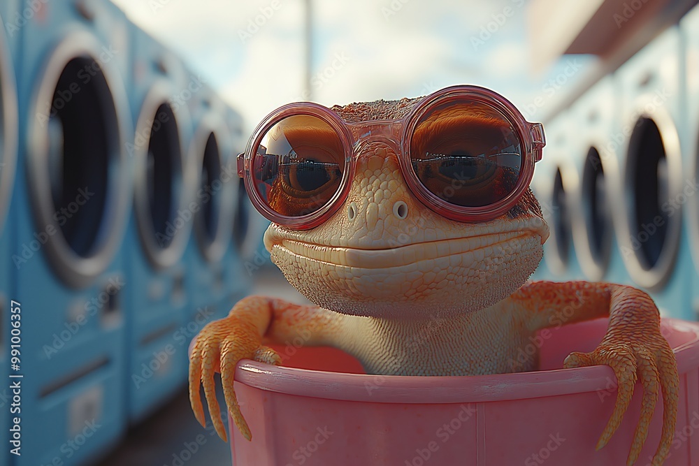 Lizard is wearing glasses and is sitting on a towel. The towel is pink ...
