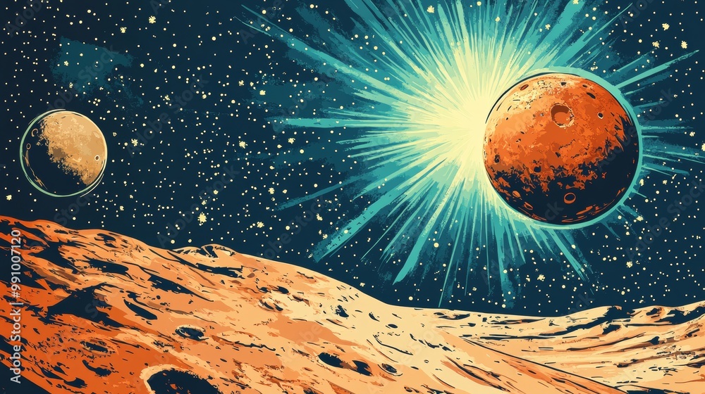 Mars earth and moon, planets of the solar system. Pop art retro vector ...