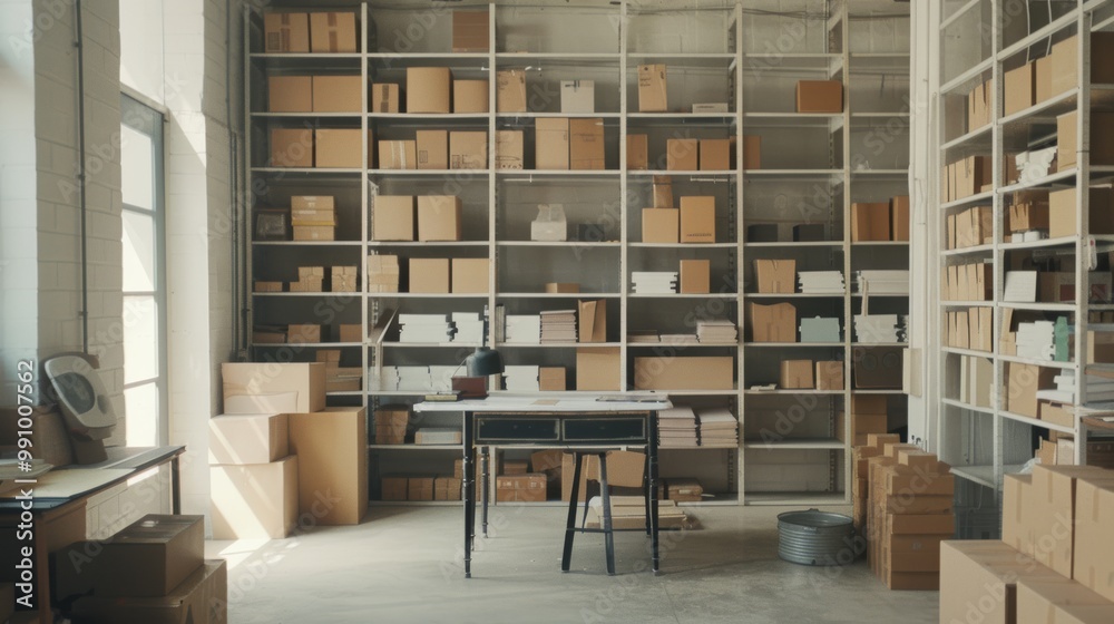 A well-organized storage room with shelves of boxes, casting a light on ...
