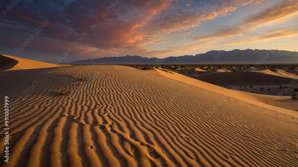 dramatic desert landscape at sunset.towering sand dunes with sharp ...