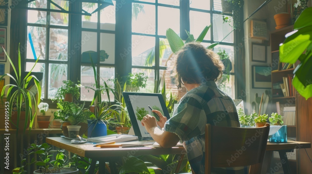 In a sun-drenched studio, an artist intently works on a digital drawing ...
