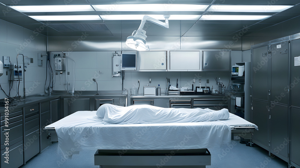 Sterile Morgue Environment with Metal Table and Covered Body Under ...