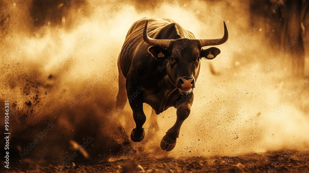 A bull charging through a cloud of dust, its powerful horns pointing ...