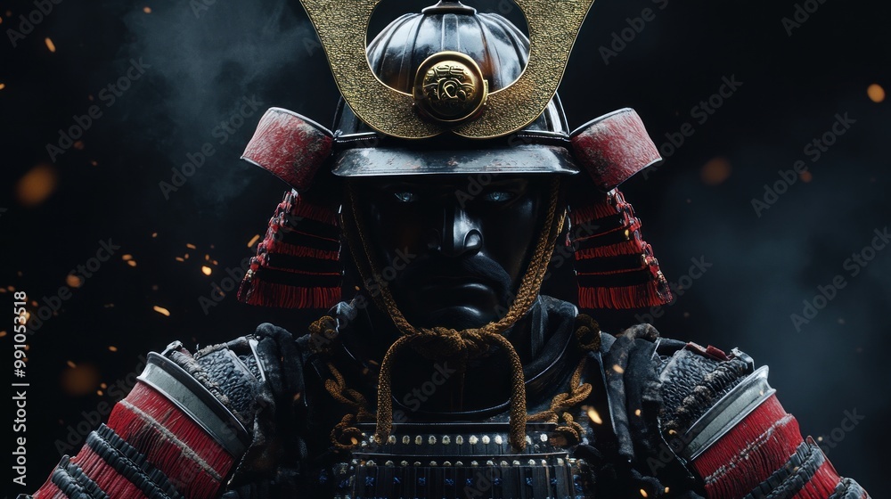 Close-up portrait of a samurai warrior wearing traditional armor with a ...