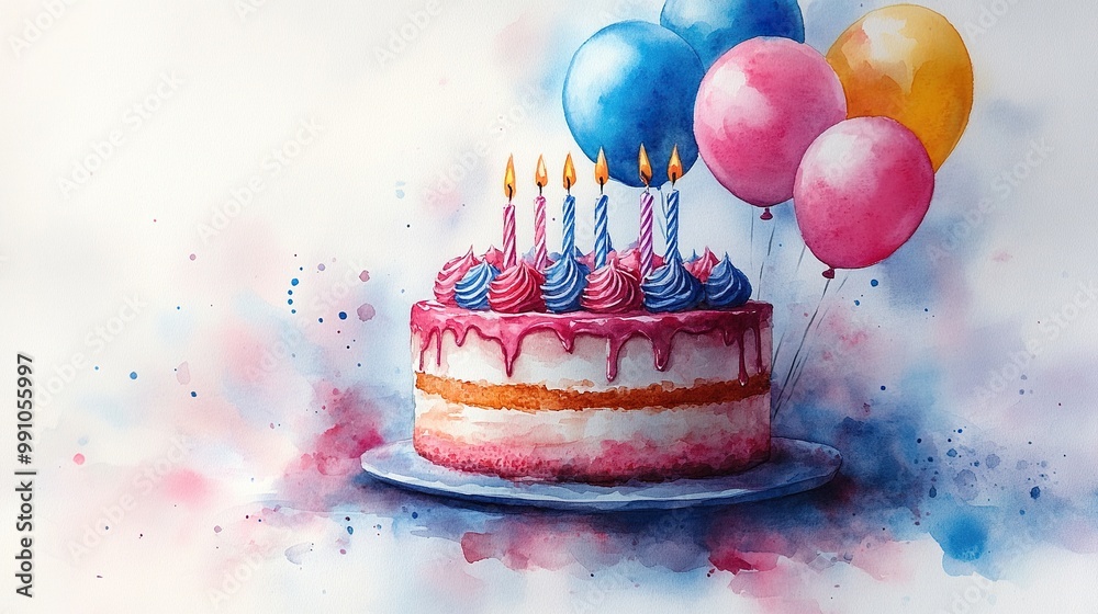 Watercolor birthday cake with balloons and candles on white, ideal for clip art. Stock ...