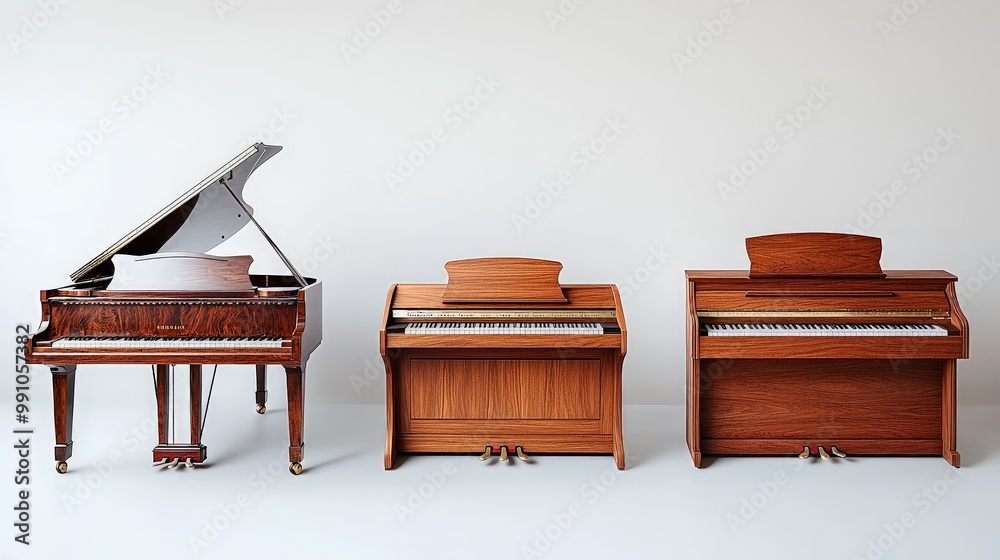 Elegant Trio of Grand, Spinet, and Console Pianos Against White Wall ...