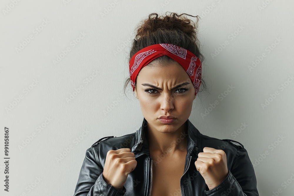 Intense Close-Up Portrait of Defiant Young Woman in Black Leather ...
