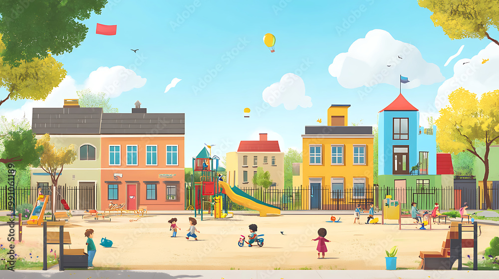 School playground with children playing and a backdrop of bright ...