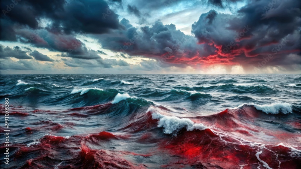 Bloodied waters on a stormy sea , ocean, waves, red, danger, dramatic ...
