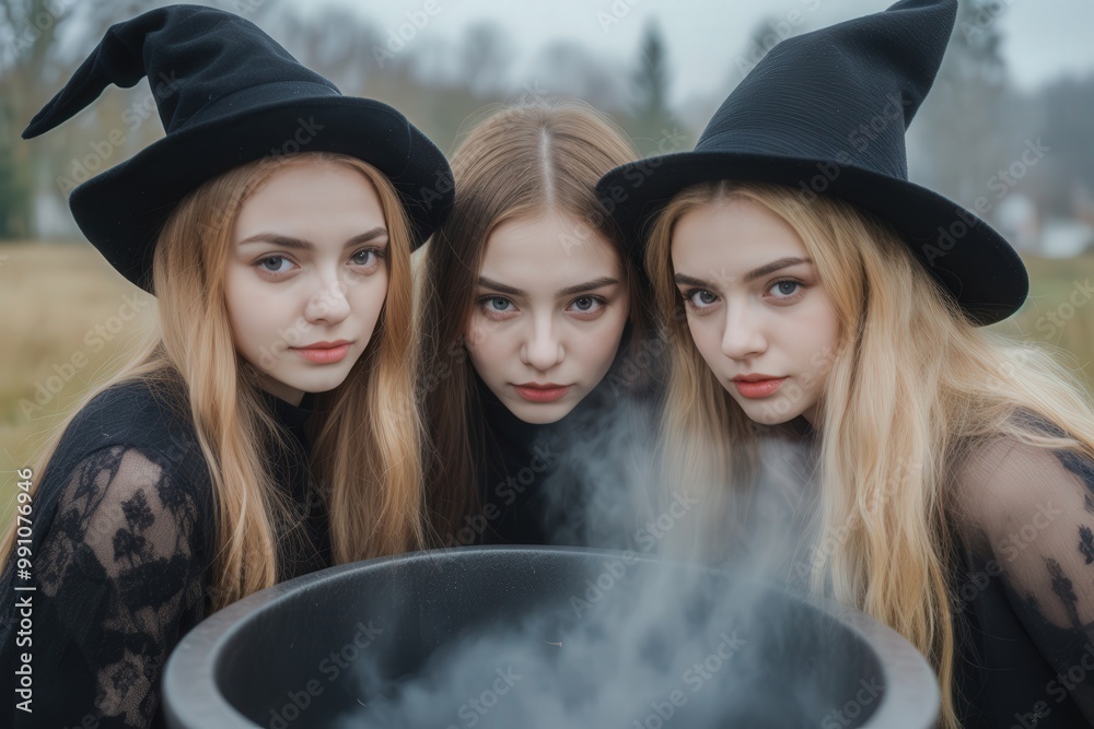 Three young witches in black attire and hats, gazing intensely over a bubbling cauldron, set in ...