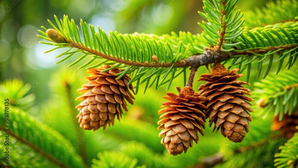 Lush spruce branch with two bumps and cones in background, green ...
