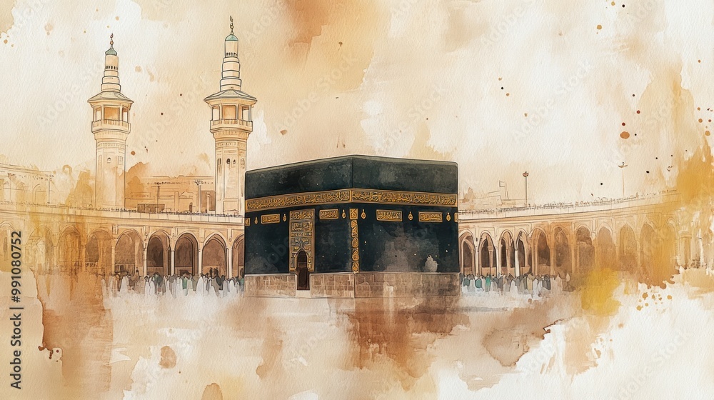 Watercolor painting of the Kaaba, a cubical building at the center of ...