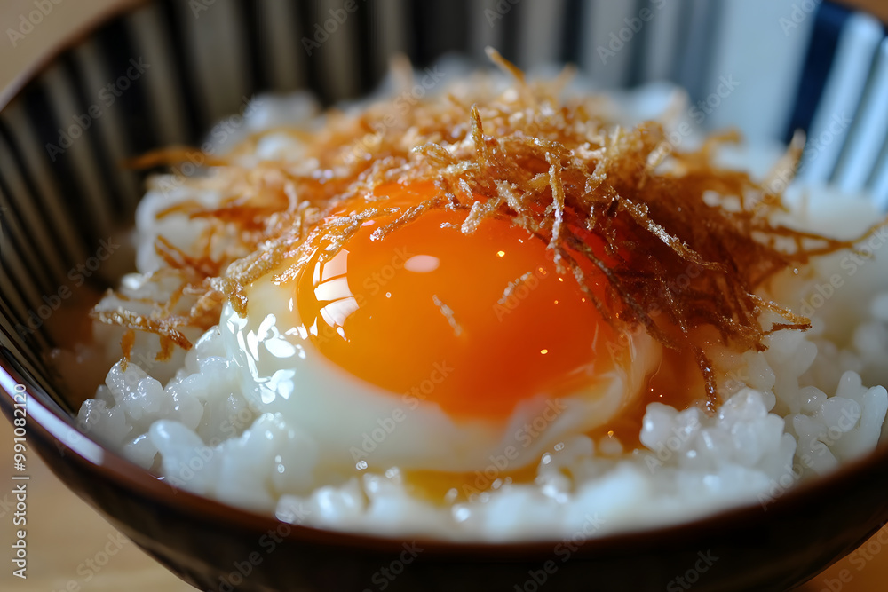 A close-up image of a traditional Japanese tamago kake gohan (egg over ...