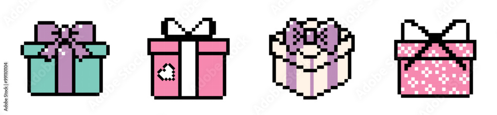 Set of gift boxes vector illustration with bow and ribbon. Present box ...