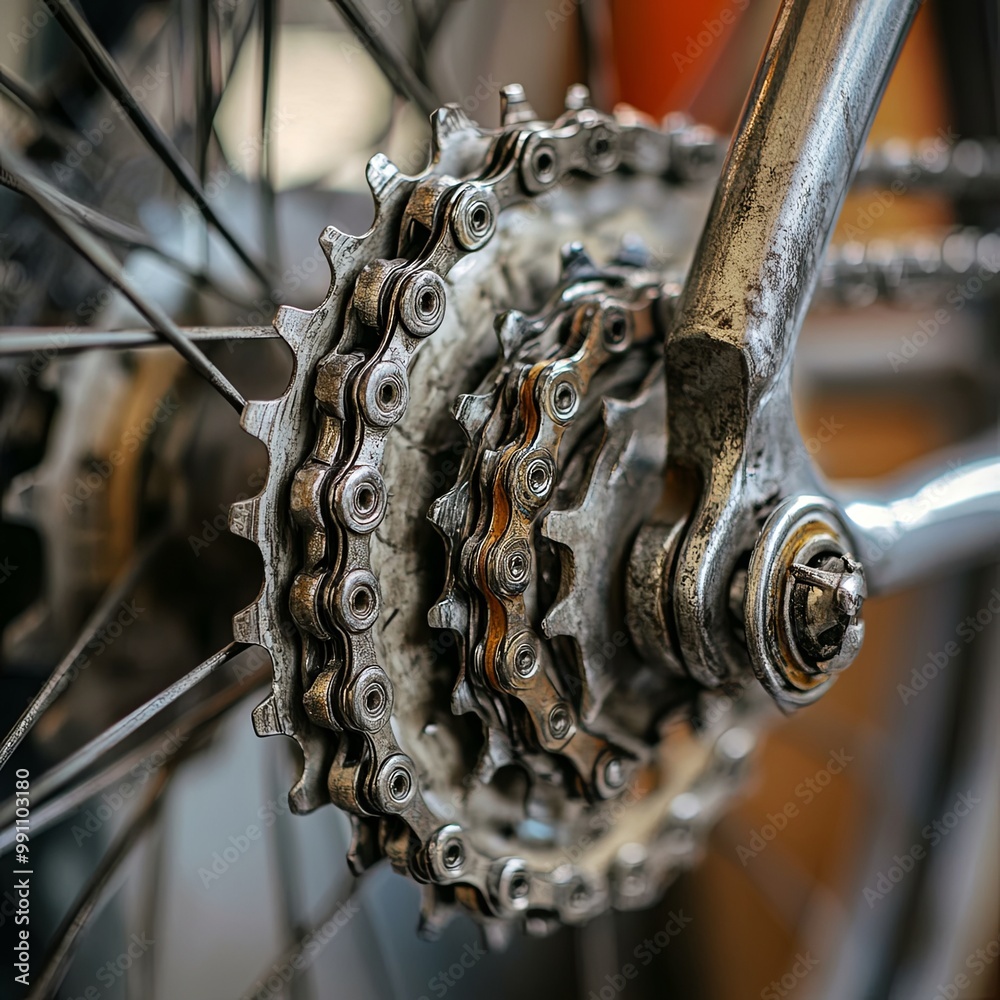 Closeup image of the mechanical parts of a bikes rear gear cog system ...