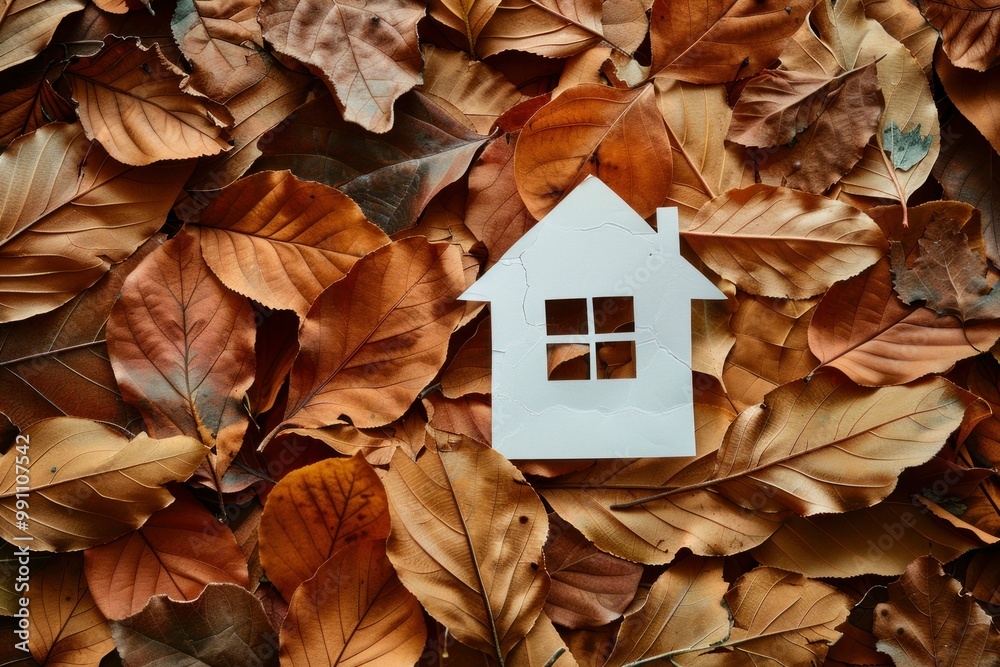 Paper house silhouette on fallen autumn leaves, creating a cozy and ...