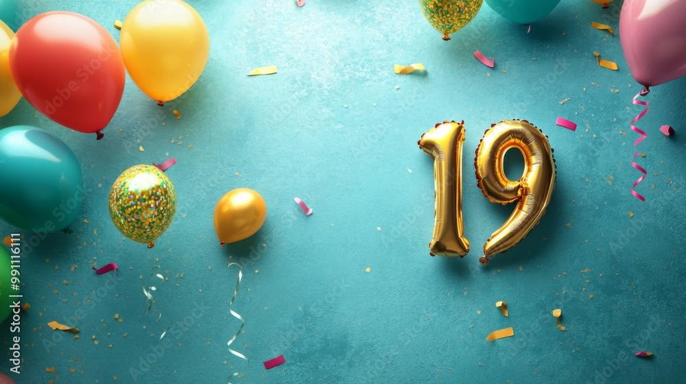 Gold number 19 balloon amidst colorful balloon spray and confetti in a ...
