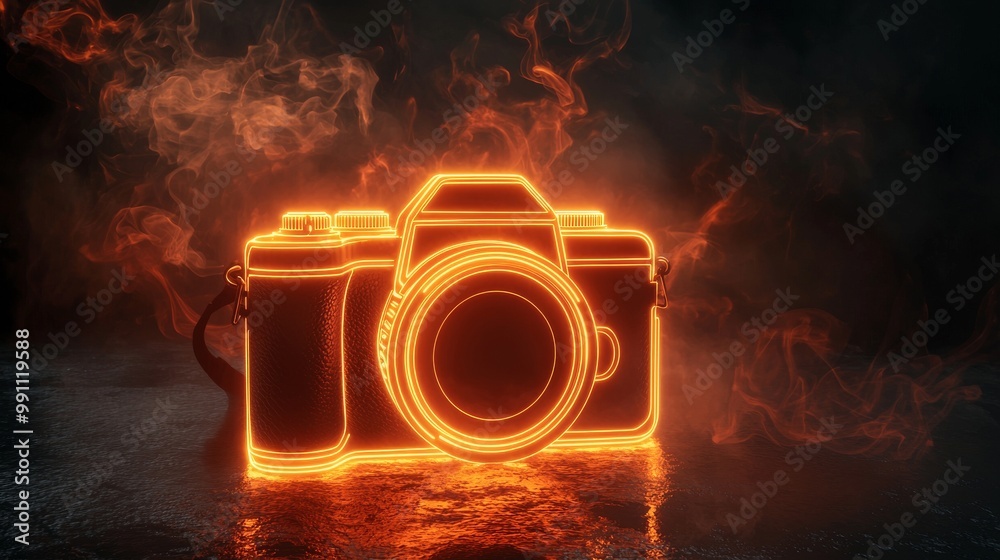 3D animated orange and yellow neon light camera icon. A vibrant colored ...