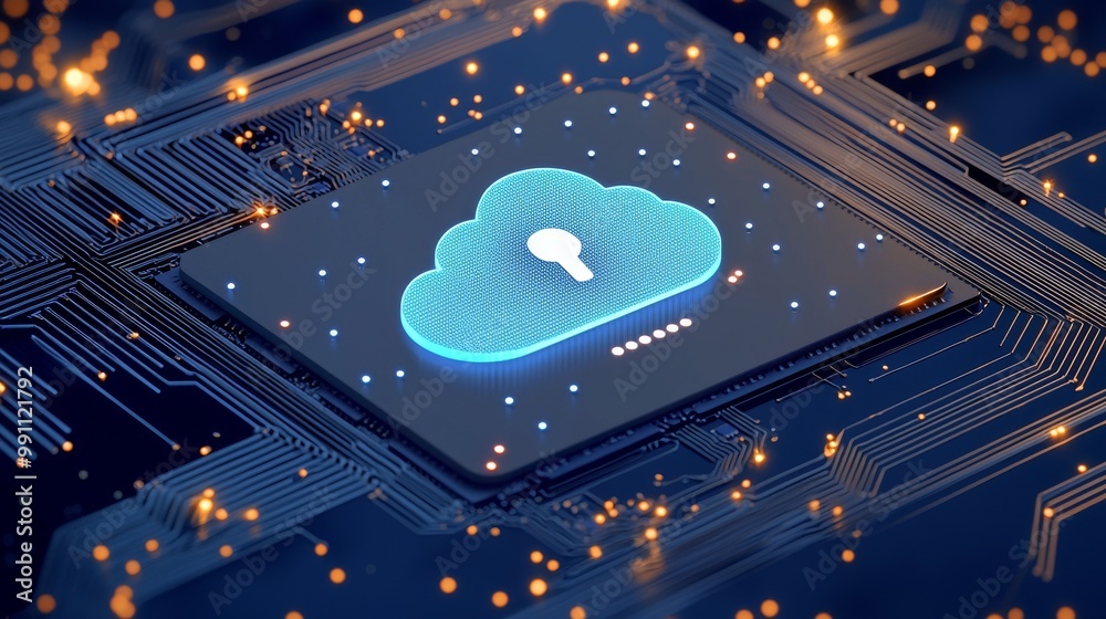 An Image Of A Microchip With A Cloud Upload Symbol White Neon Data