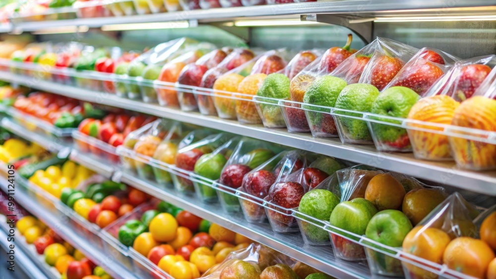 Fresh fruit wrapped in plastic on the shelves in the supermarket ...