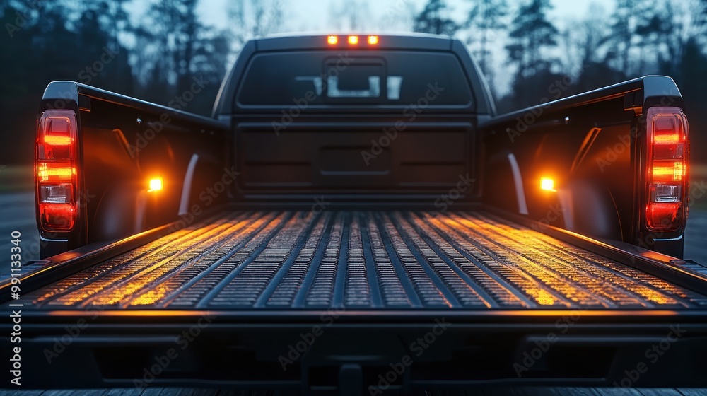 Rear view of a black pickup truck with the tailgate open. The bed of ...