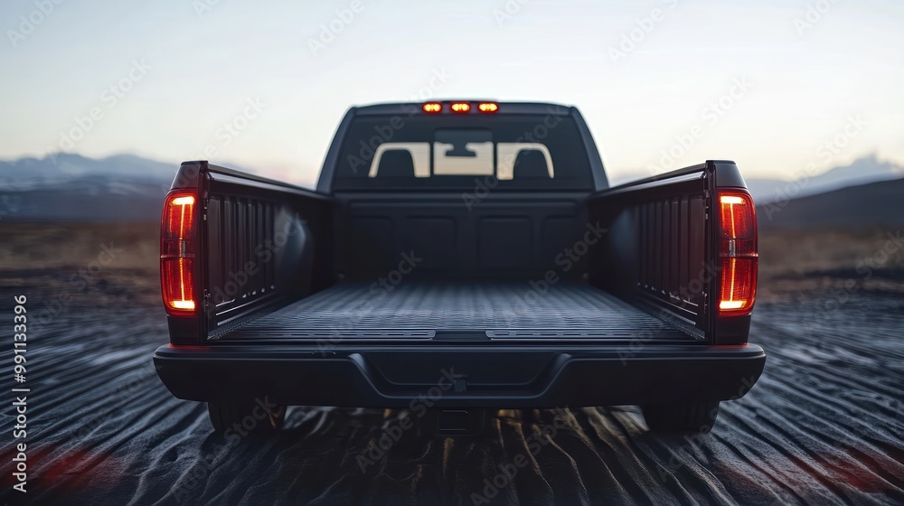 Black pickup truck with open tailgate and bed illuminated by red ...
