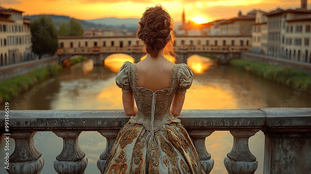 A graceful woman dressed in an ornate Renaissance gown, standing by the ...