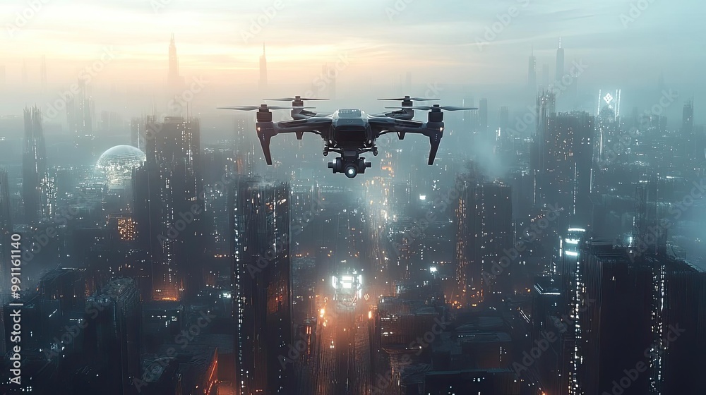 Front view of a drone soaring above a sprawling futuristic metropolis ...