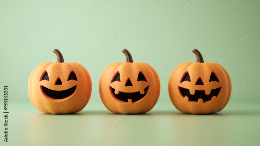 Three smiling jack o lanterns on a green background for halloween ...