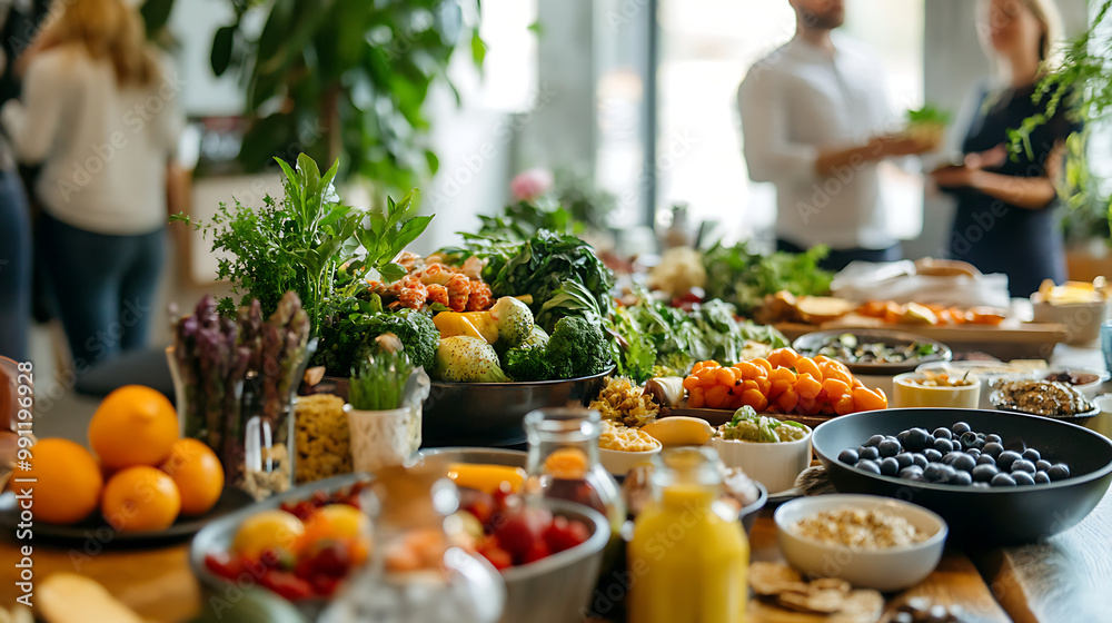Healthy eating seminar with a table of nutritious foods and a speaker ...