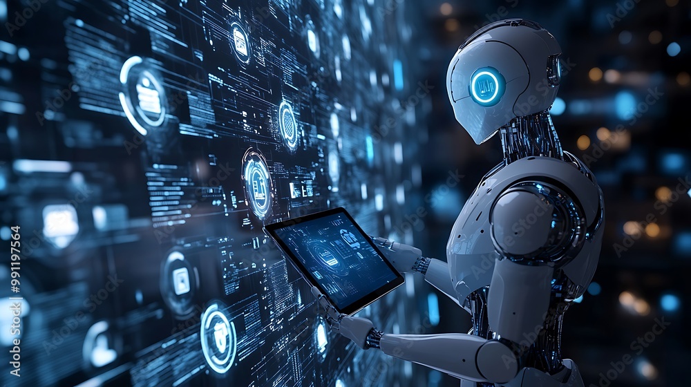 Humanoid Robot Holding Tablet with Floating Digital Data Icons and ...