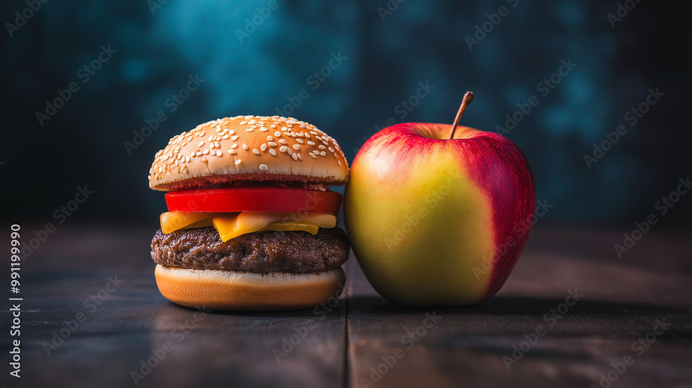 Image split in half, hamburger and apple. Healthy vs unhealthy food ...