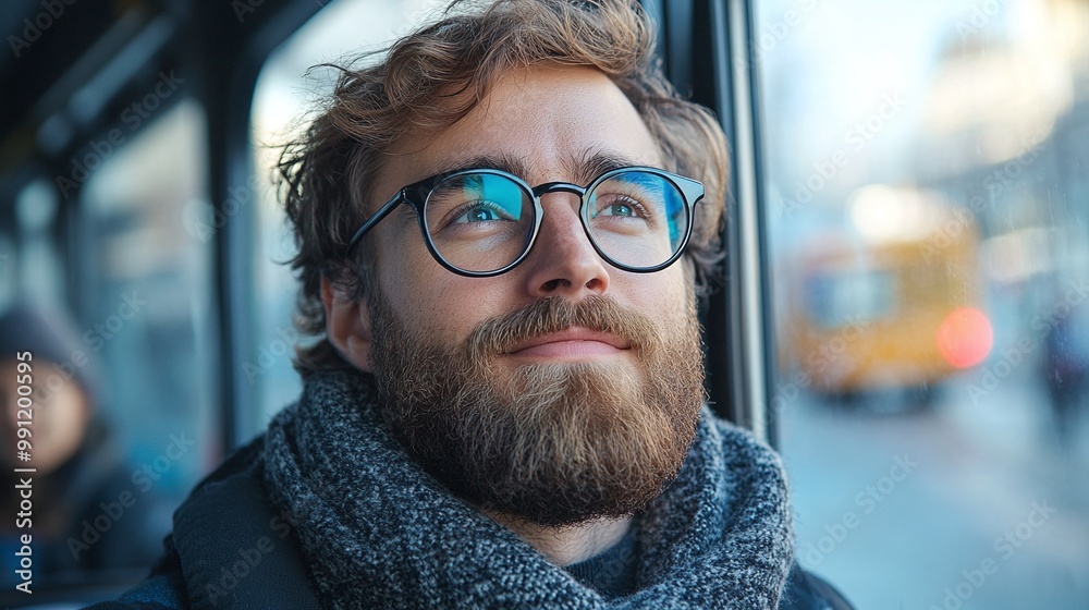 casual bearded man with glasses on a city bus, experiencing public ...