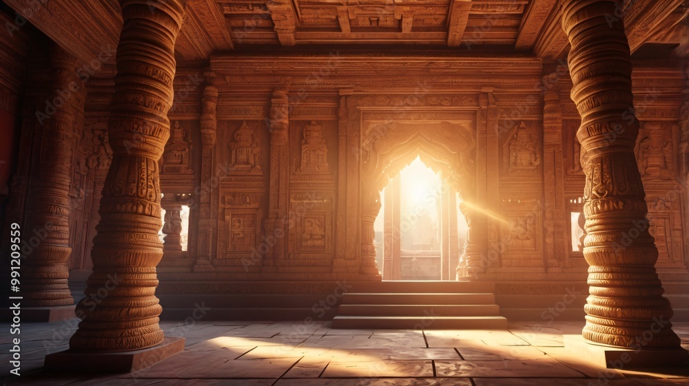 Indian temple, realistic style, intricate carvings, vibrant colors ...