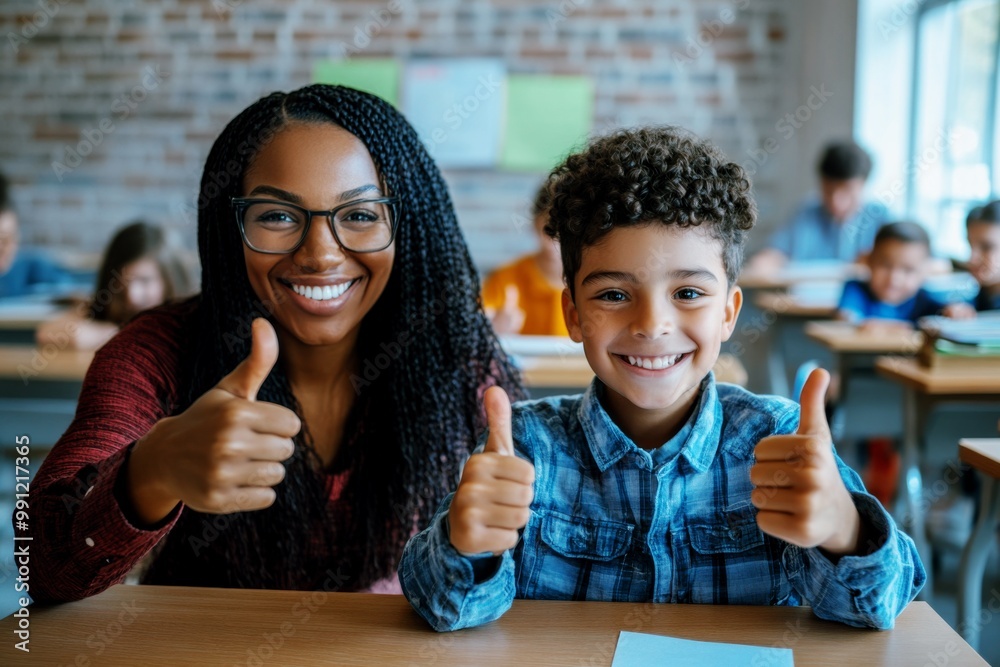 Smiling Black female teacher and happy student giving thumbs up in ...