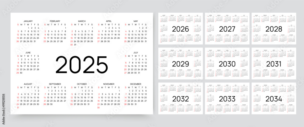 Calendar for 2025, 2026, 2027, 2028, 2029, 2030, 2031, 2032, 2033, 2034 ...