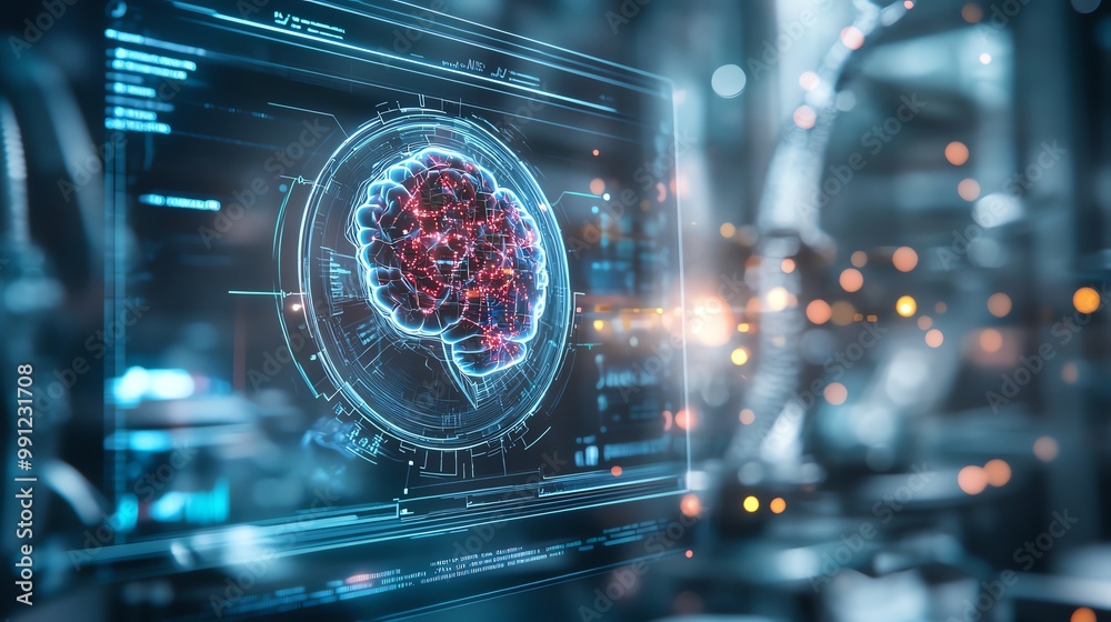 Digital brain scan technology displayed on a futuristic screen with advanced analytics and data ...